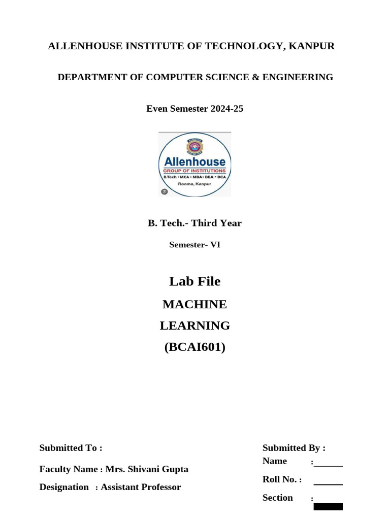 Machine Learning Lab Cover Page Updated | PDF