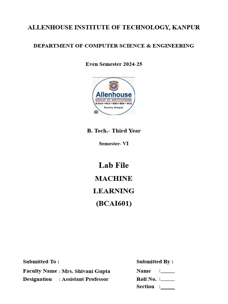 Machine Learning Lab - Cover Page 2024-25 | PDF