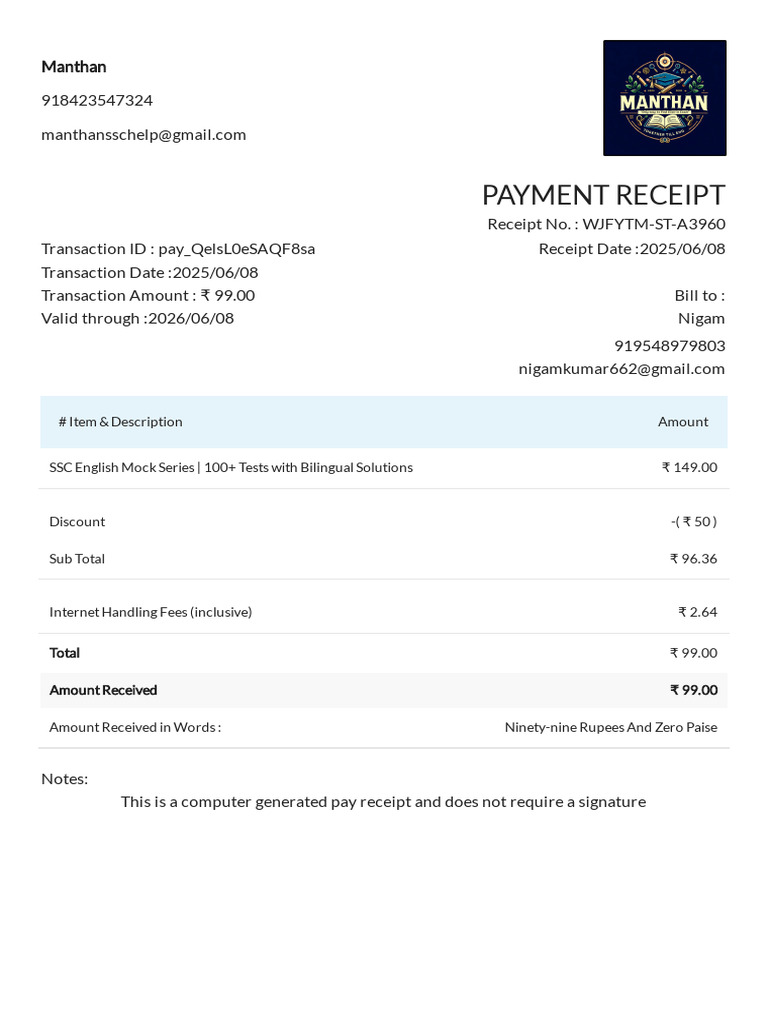 Payment Receipt for SSC English Mock Series | PDF