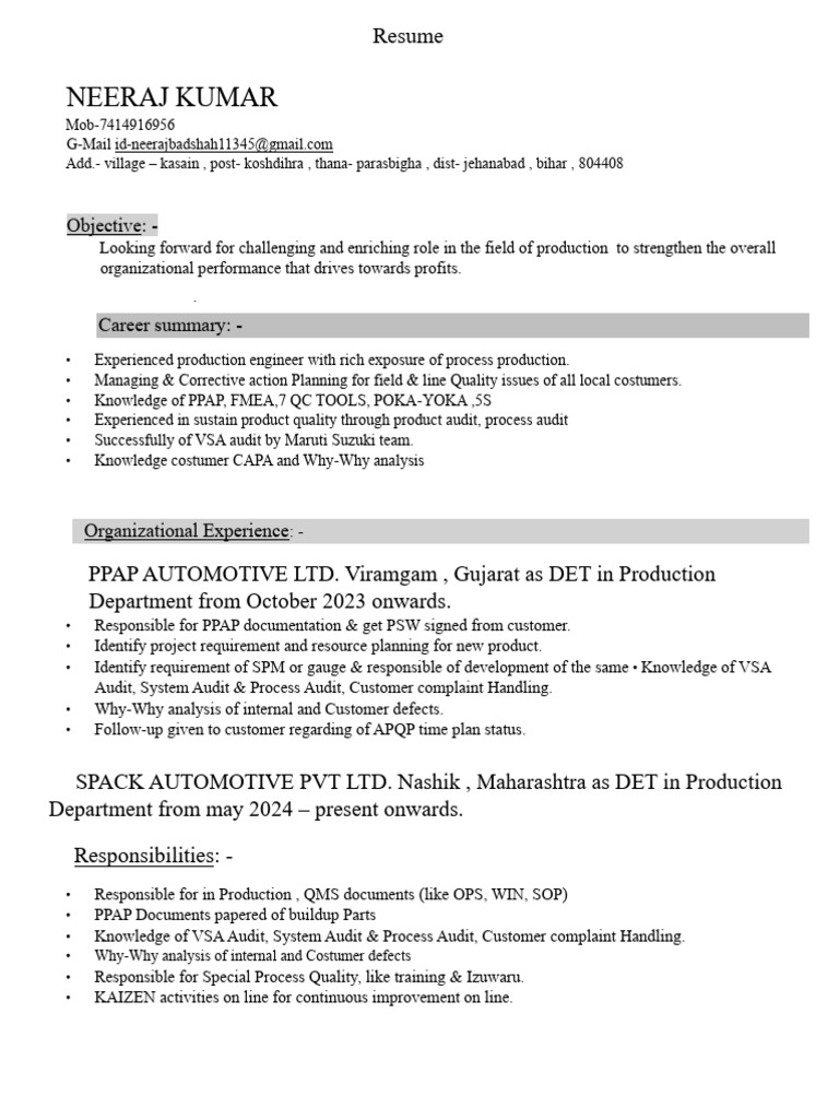Production Engineer Resume of Neeraj Kumar | PDF | Production And ...