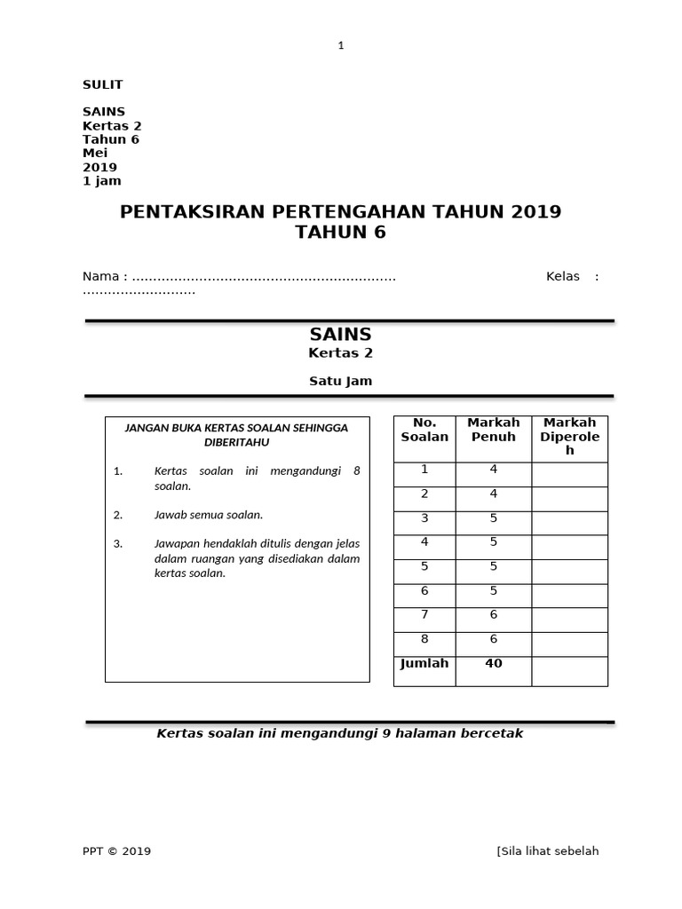 Soalan PPT 2019 - Sains T6 K2 | PDF
