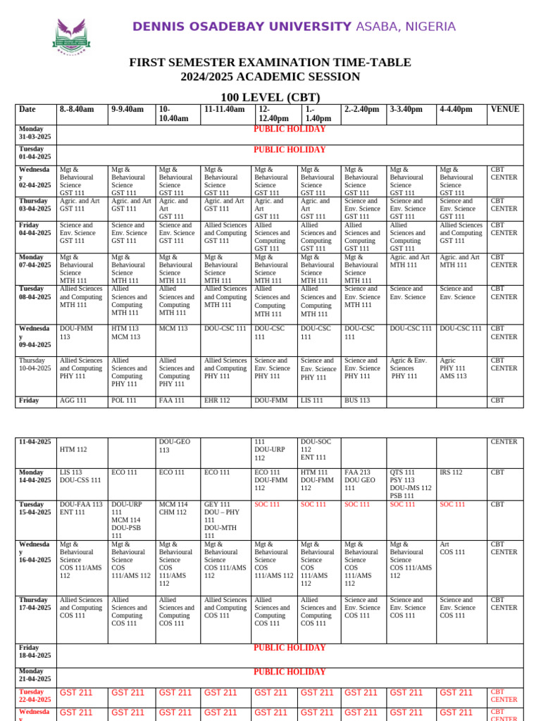First Semester Exam Timetable 2025 | PDF | Educational Organizations ...