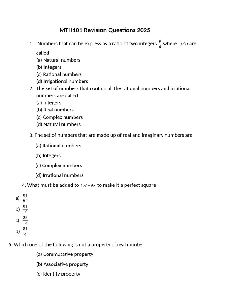 Mth101 Revision Questions 2025 | PDF | Numbers | Rational Number