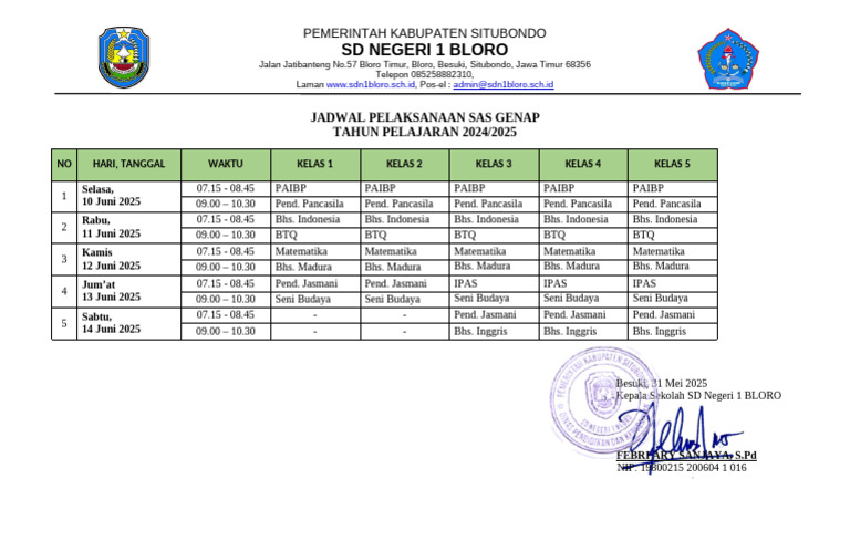 Jadwal SAS 1 Ta. 2024-2025-SD Negeri 1 Bloro | PDF