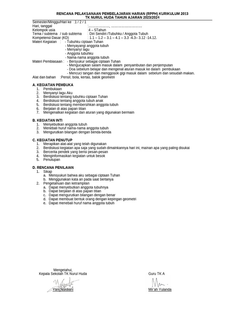 Rpph Tk-A Smt1 Minggu_02 - Tubuhku[1] | PDF