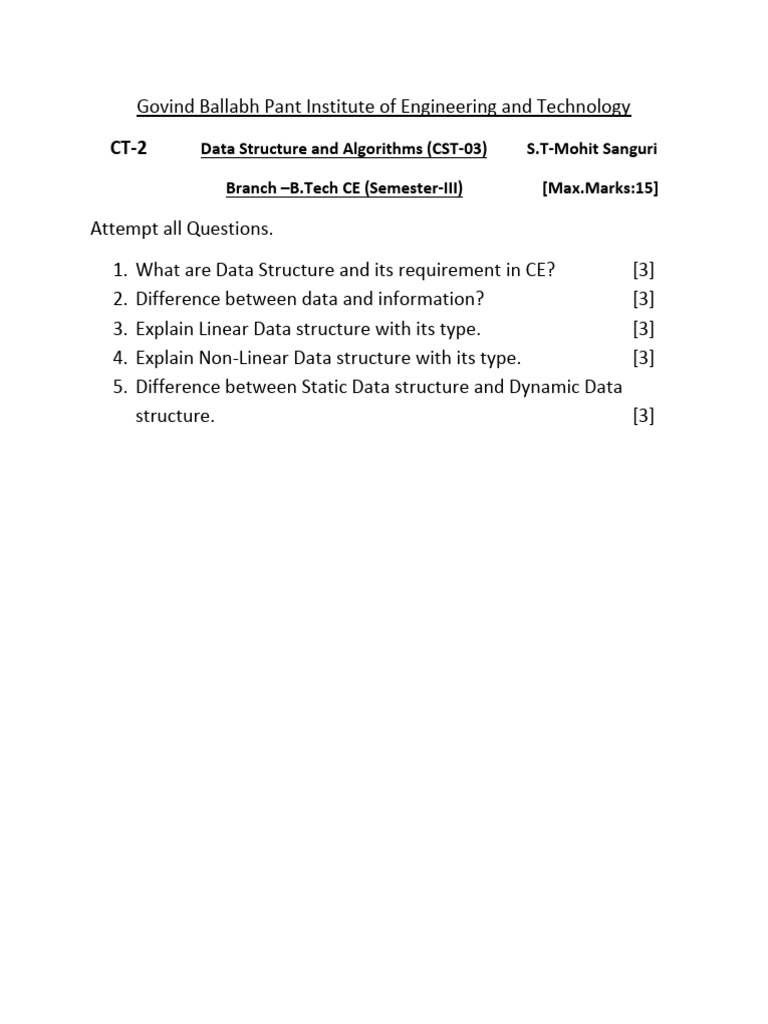 Civil CT 2 Data Structure Govind Ballabh Pant Institute of Engineering and Technology | PDF