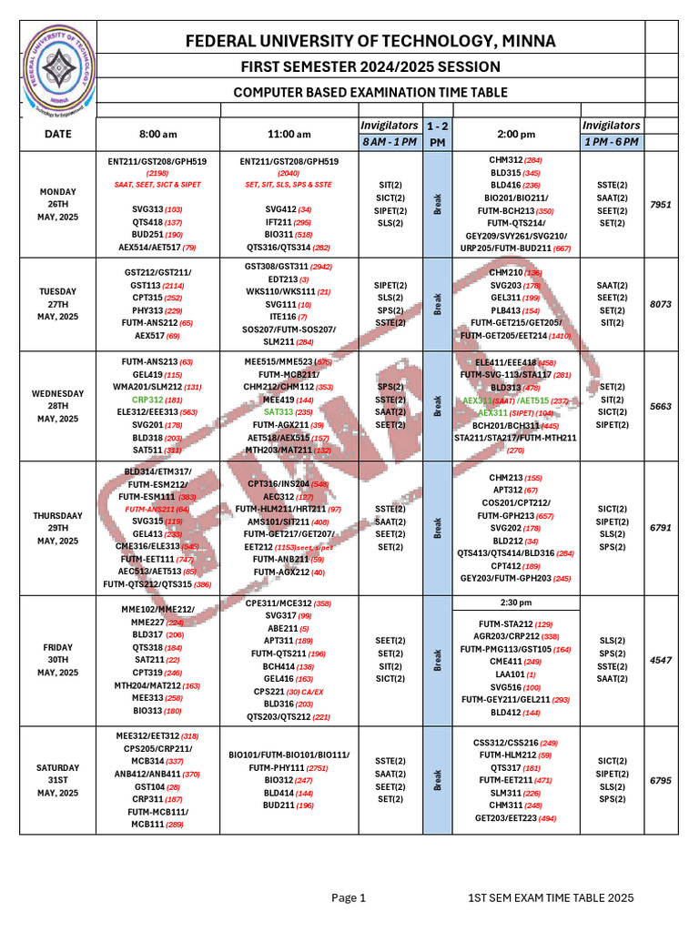 1st Sem Exam Final Time Table 2025 Pdf