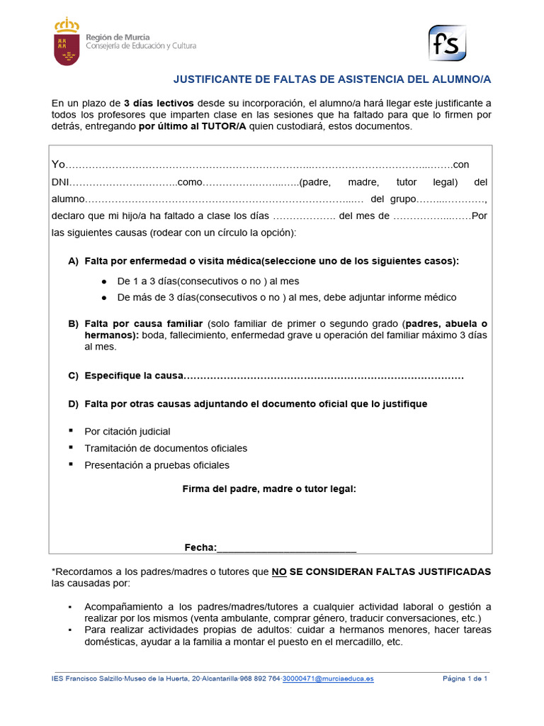 Justificante de Faltas de Asistencia Del Alumno | PDF