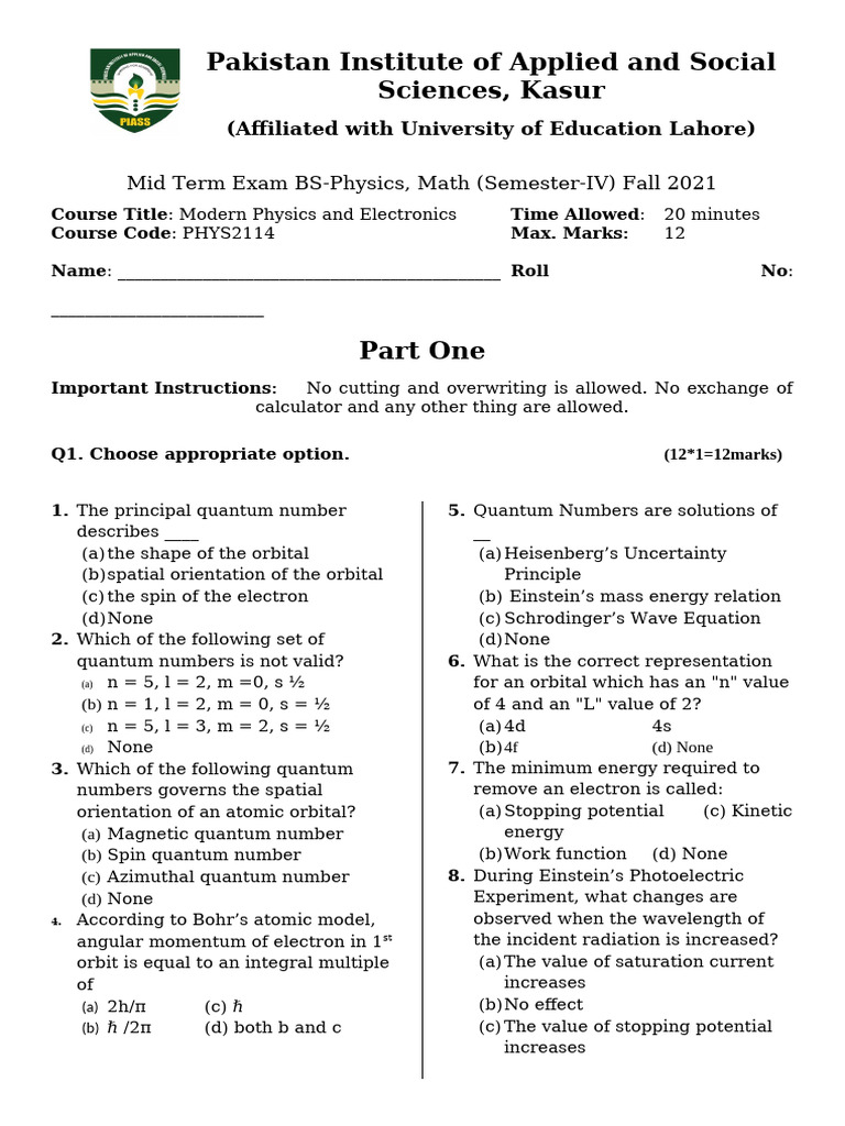 PHYS2114 f21 PH, Math Modern Physics and Electronics | PDF | Atomic ...