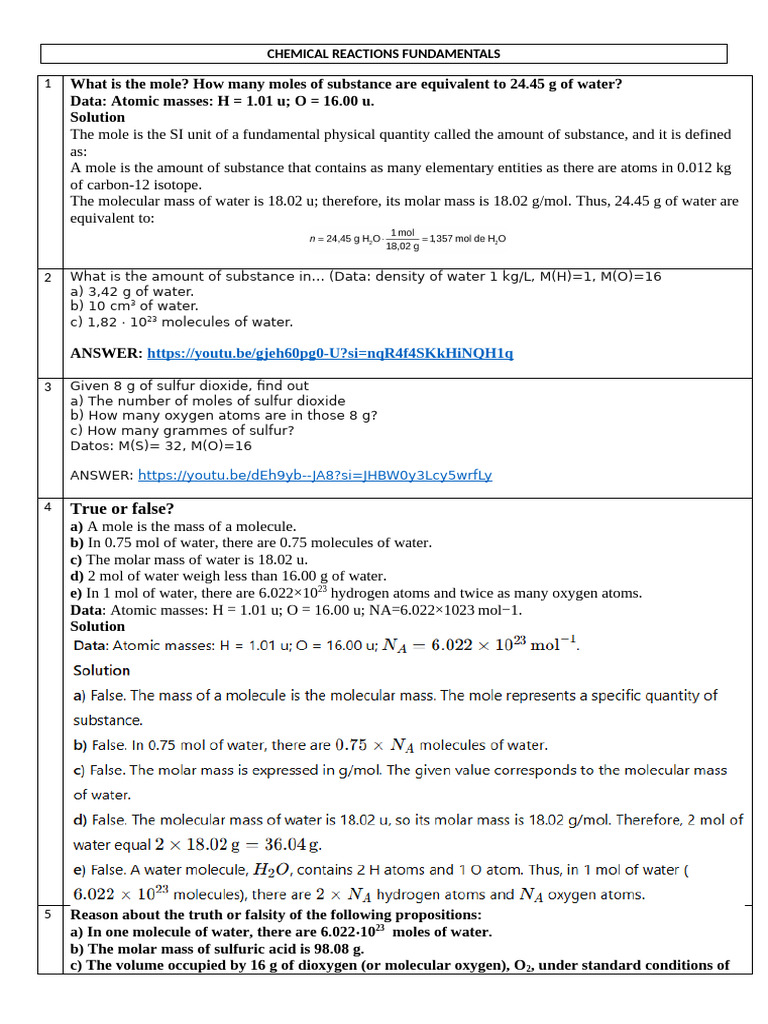 Chemical Reactions and Molar Calculations | PDF | Mole (Unit ...