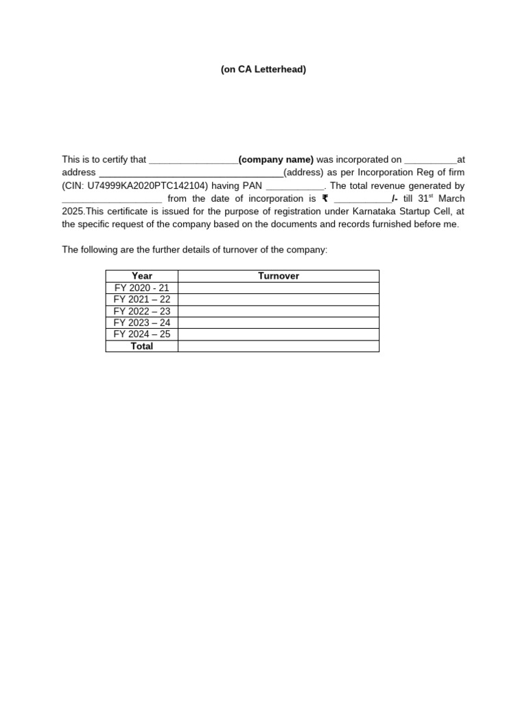 CA Letter Head Turnover Certificate | PDF