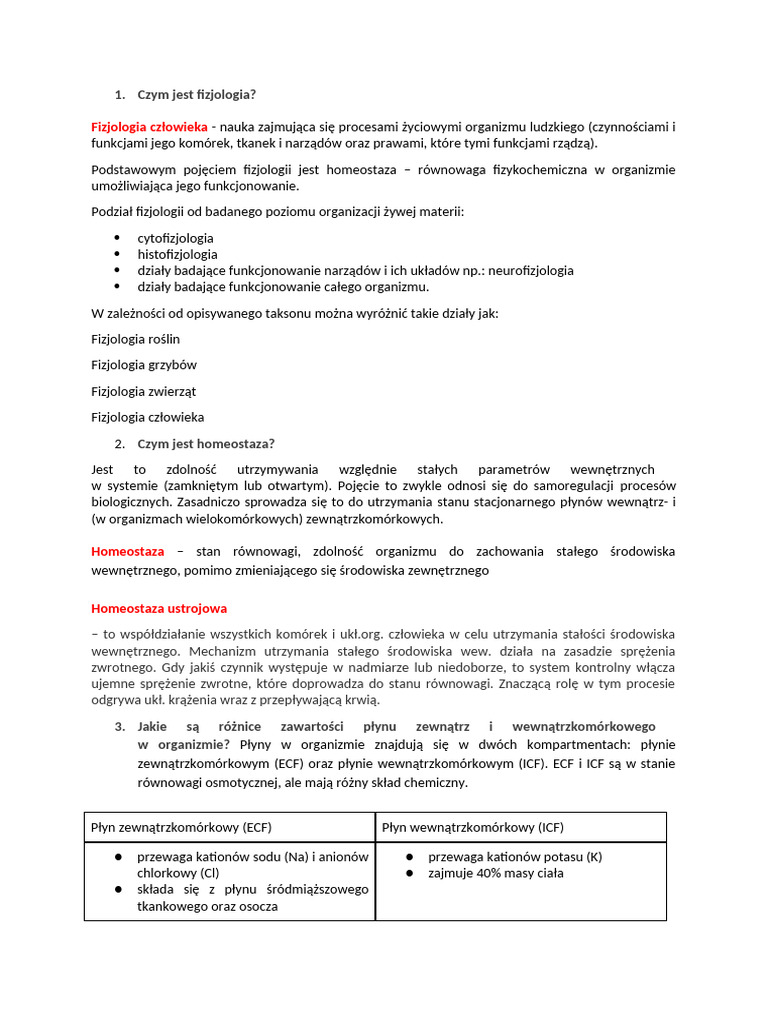 Fizjologia-Zagadnienia Do Egzaminu | PDF
