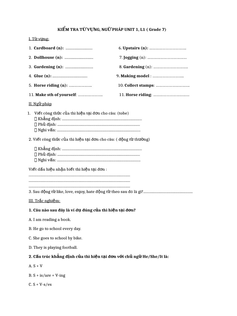 KIỂM TRA bài cũ uni1 1, l1, grade 7 | PDF