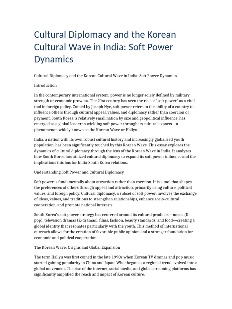 Full Cultural Diplomacy Korean Wave India | PDF | Soft Power | South Korea