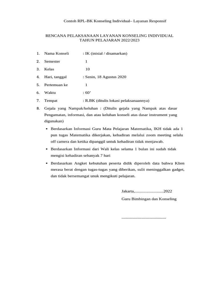 Contoh RPL BK Konseling Individual | PDF