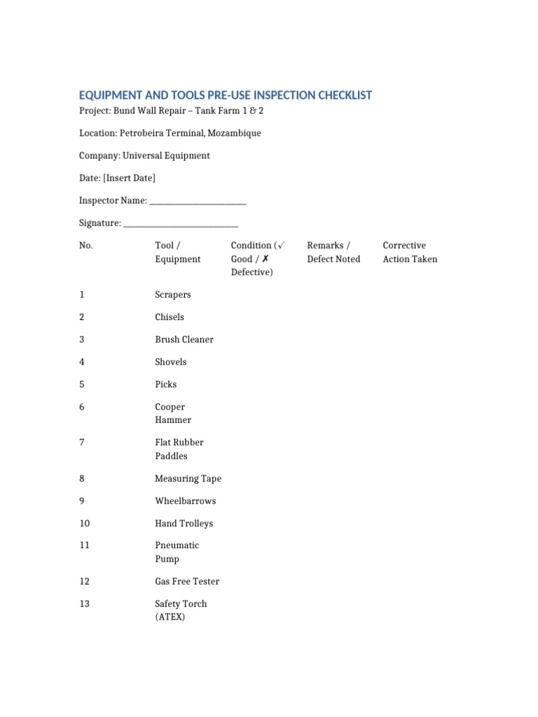 Equipment Tools Pre Use Inspection Checklist | PDF