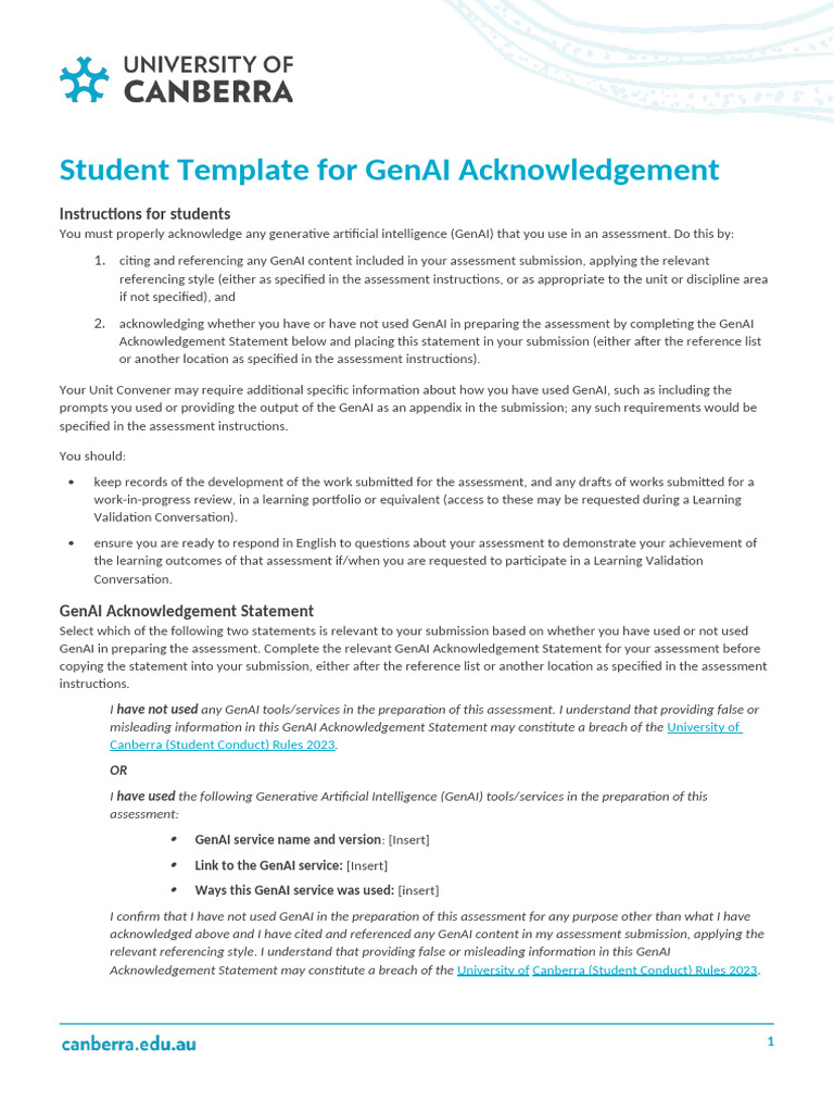 GenAI Acknowledgement Guidelines for Students | PDF | Artificial ...