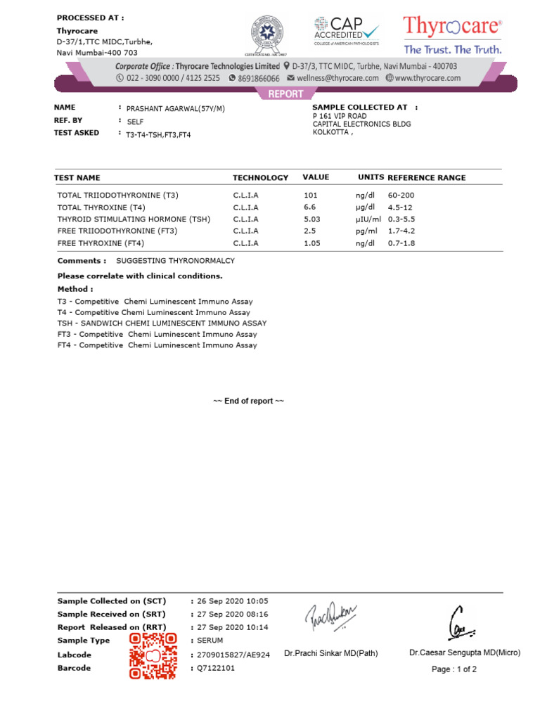Thyrocare Thyroid Report Summary | PDF | Human Homeostasis | Medical ...