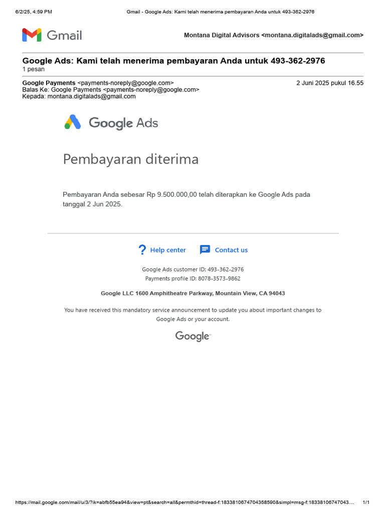 Gmail - Google Ads - Kami Telah Menerima Pembayaran Anda Untuk 493-362-2976 2 Juni 2025 | PDF