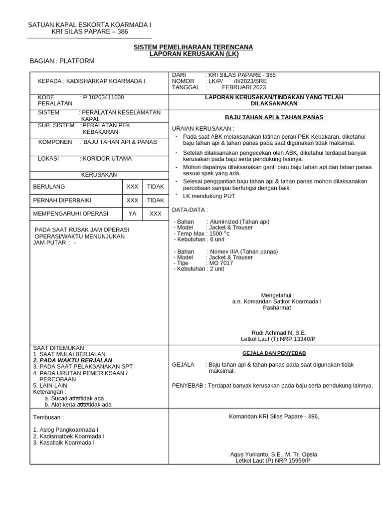 Laporan Kerusakan Baju Tahan Api KRI 386 | PDF