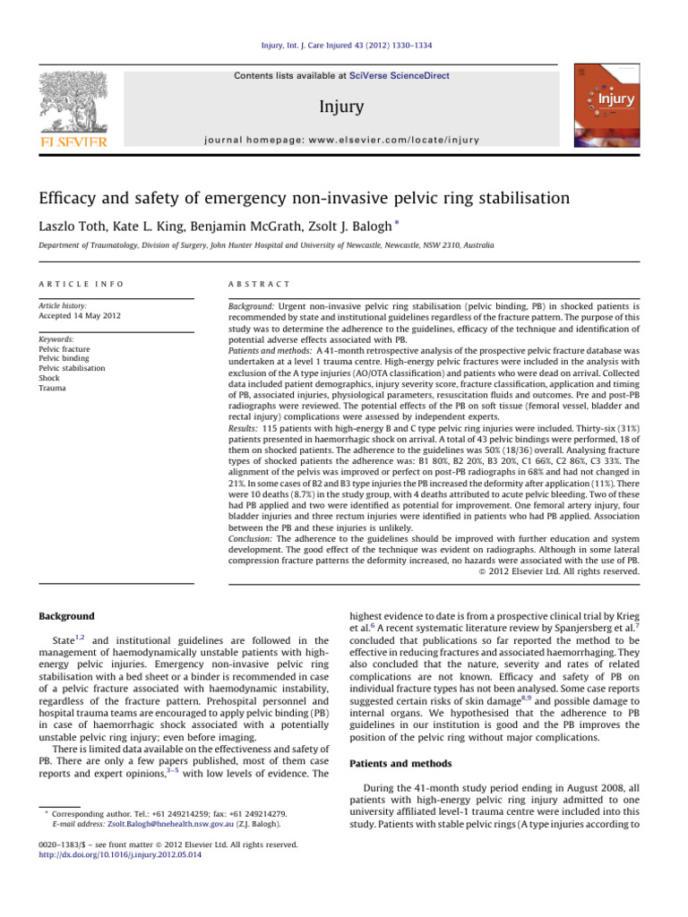 Efficacy and Safety of Emergency Non-Invasive Pelvic Ring Stabilisation ...