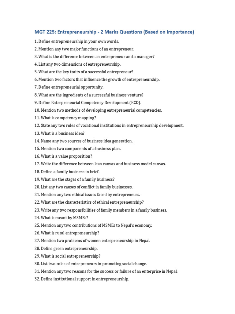 MGT 225 Entrepreneurship Questions | PDF | Entrepreneurship | Social ...