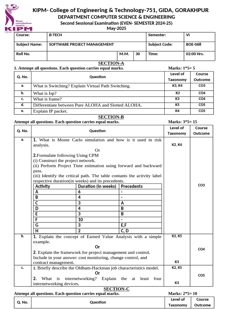 Question Paper CN | PDF | Computer Network | Project Management