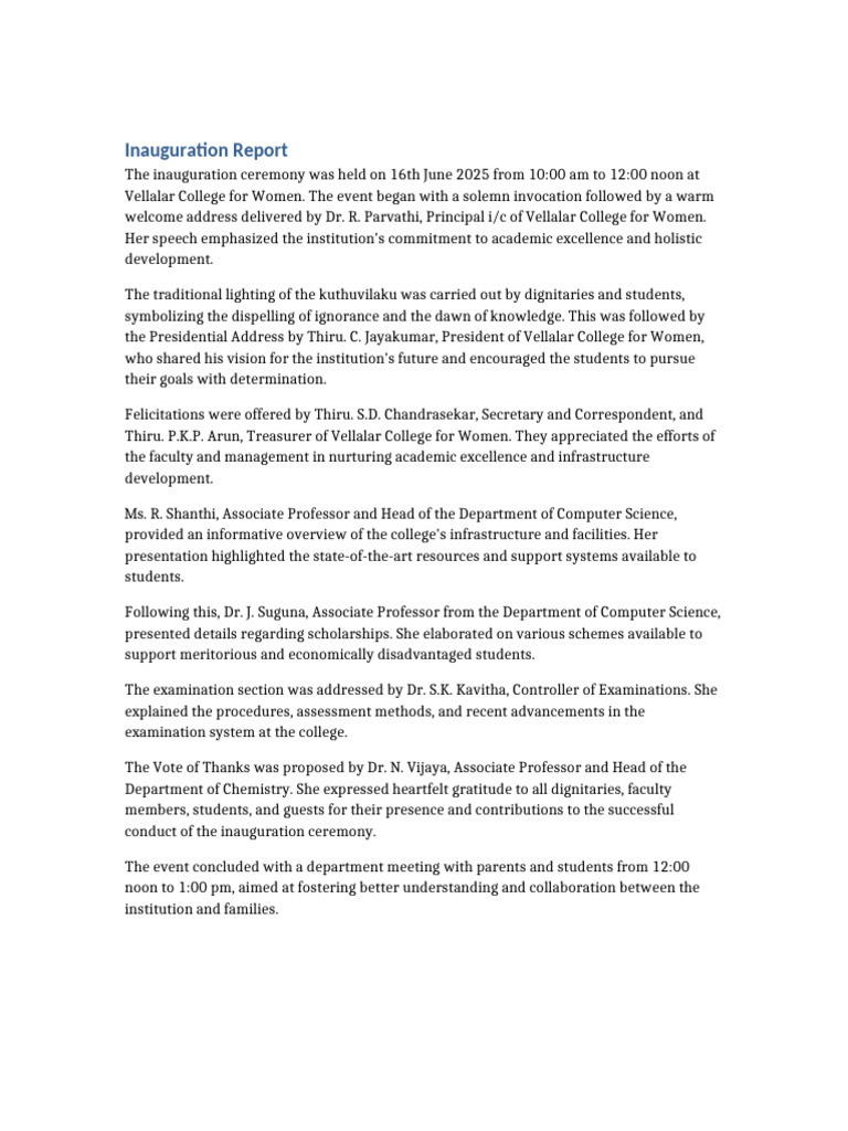 Inauguration Report Vellalar | PDF