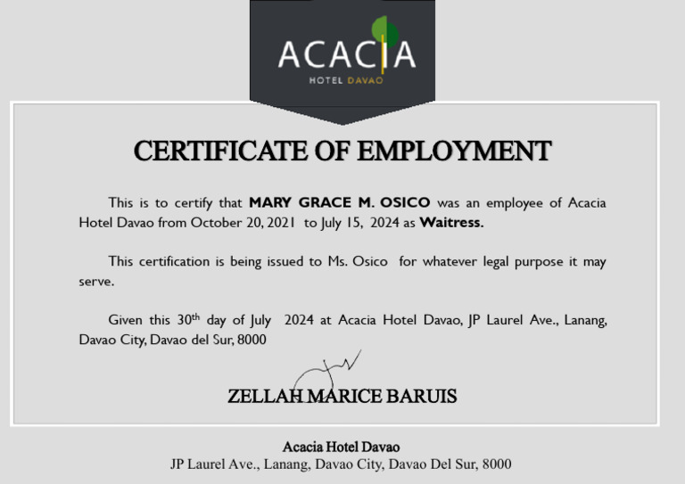Acaia Hotel Davao COE Waitress | PDF
