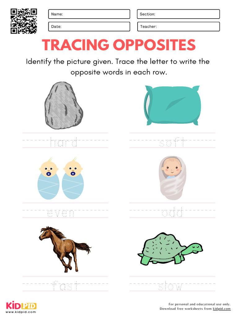 Tracing Opposite Words Worksheets For Kindergarten | PDF