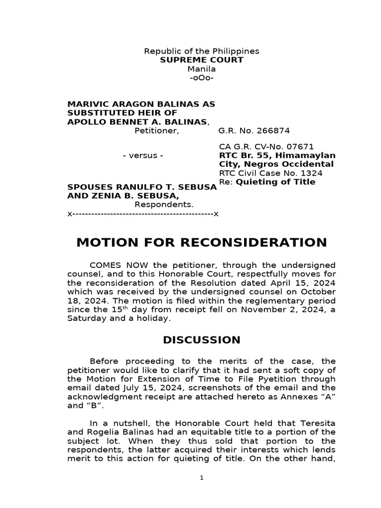 Motion For Reconsideration-Balinas | PDF | Hearsay | Evidence (Law)