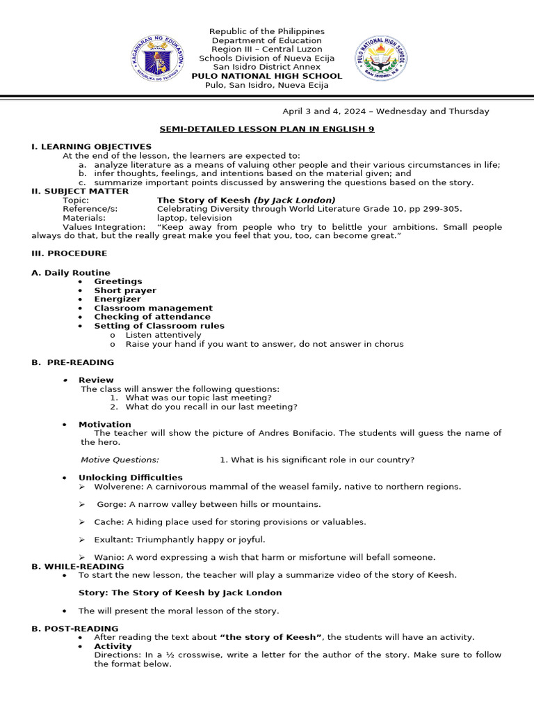W1D2-4 Eng10Q3 The Story of Keesh | PDF | Human Communication ...