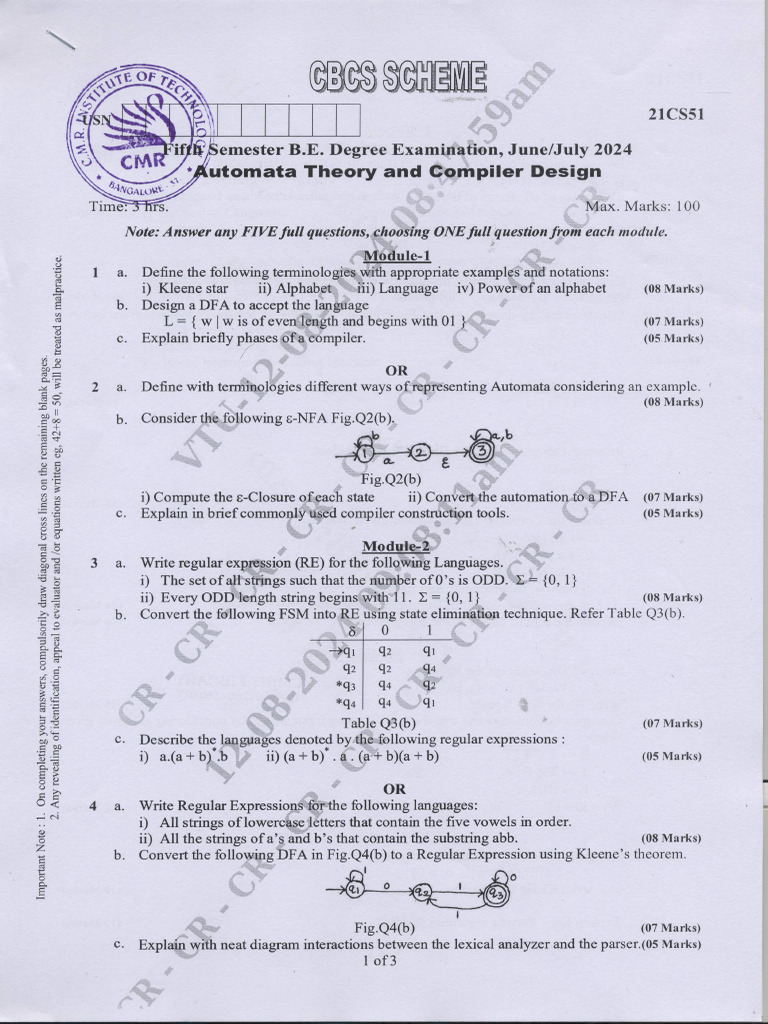VTU Question Paper of 21CS51 Automata Theory and Compiler Design Jun-July-2024 | PDF