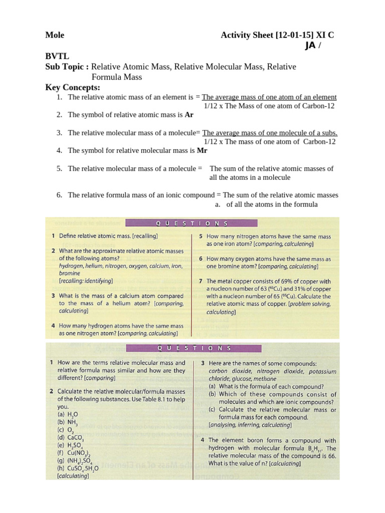 Mole - MR, Ar Calculations XI C (120115) | PDF