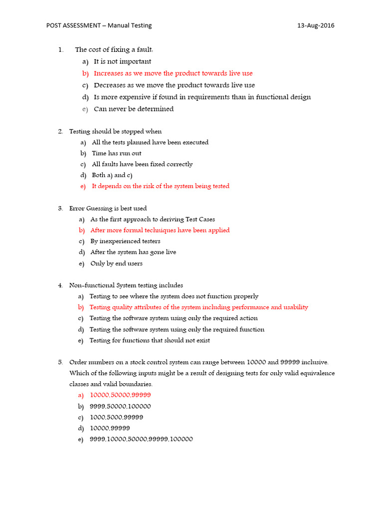Manual Testing Post Assessment Quiz | PDF | Software Testing | Systems ...