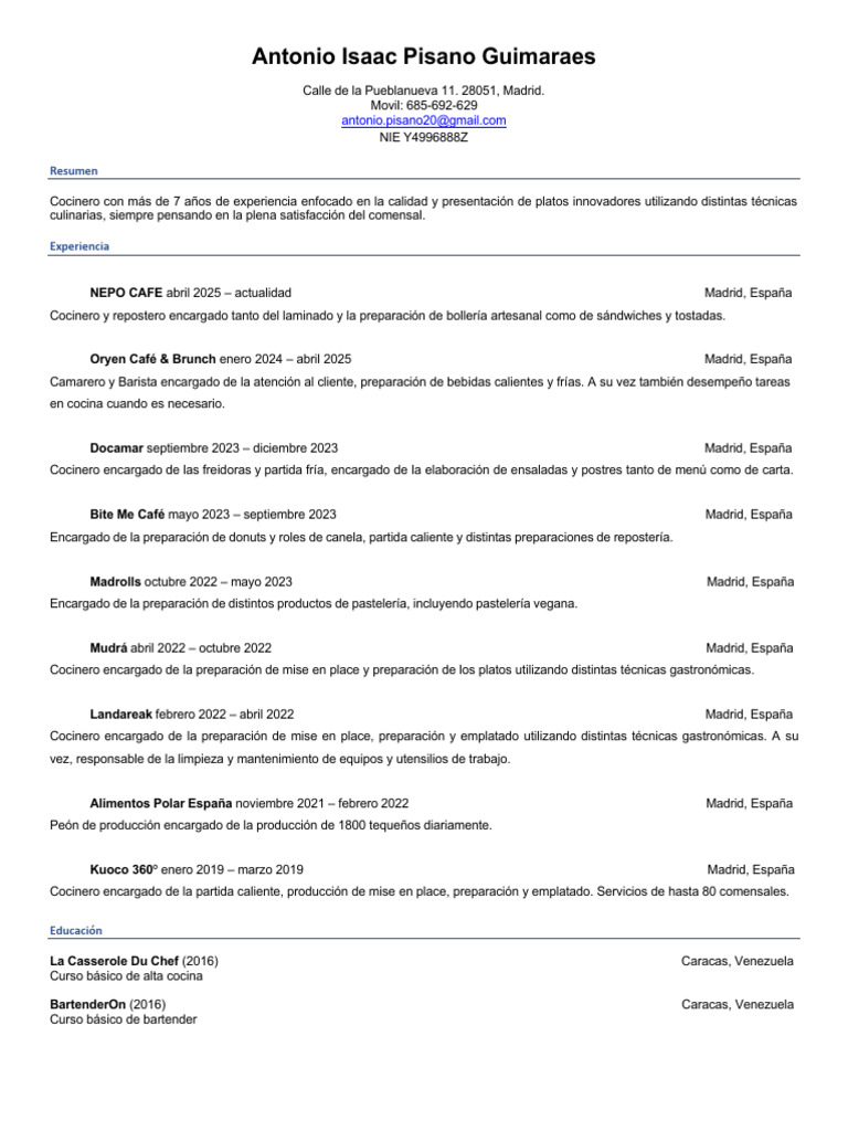 CV Antonio Pisano 2025 | PDF | Confitería | Cocina