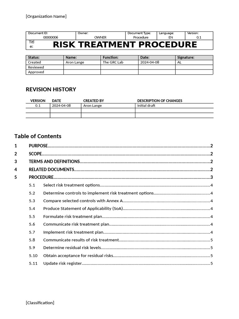 Risk Treatment Procedure | PDF | Risk | Risk Management