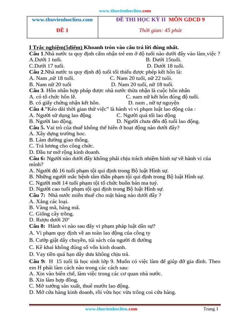 10 de Thi HK2 GDCD 9 Co Dap An | PDF