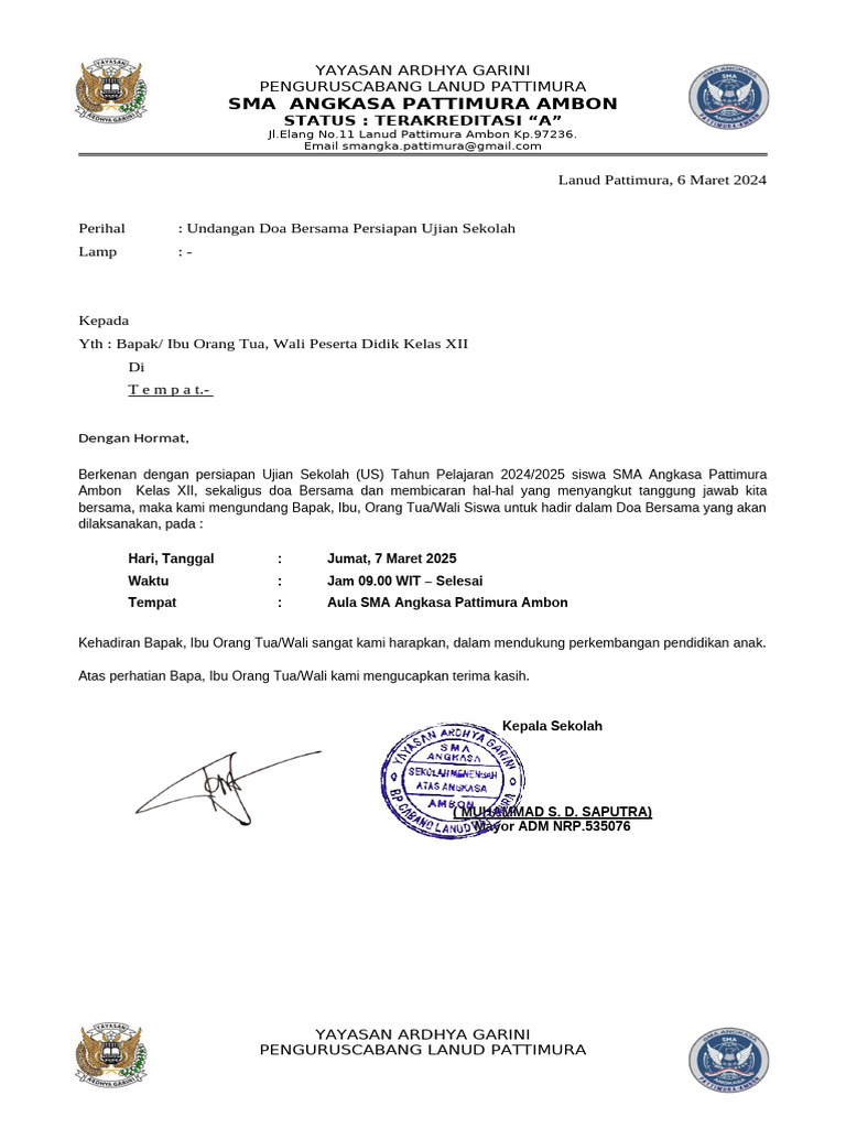 Undangan Doa Bersama Ujian Sekolah 2024 | PDF