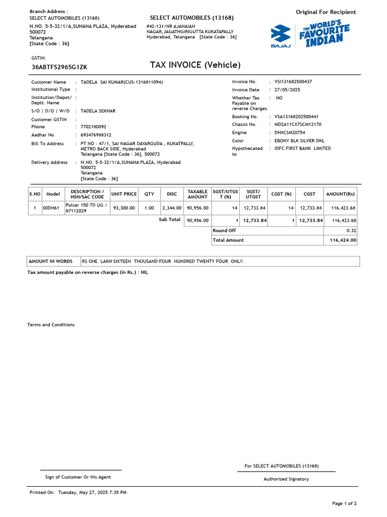 Tadela Sai Kumar Invoice | PDF | Motor Oil | Legal Liability