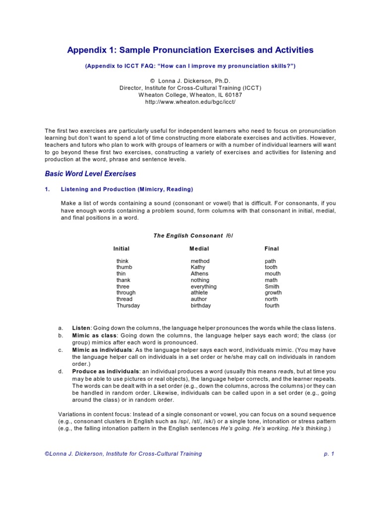 Appendix 1: Sample Pronunciation Exercises and Activities: Basic Word ...
