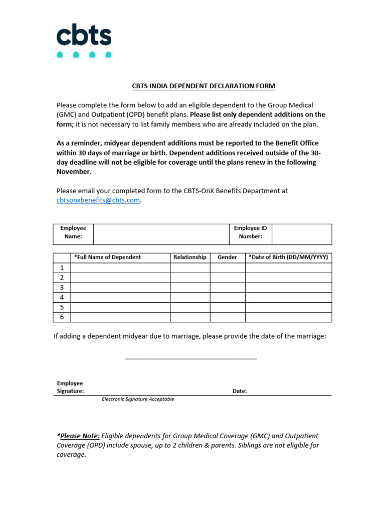 India Dependent Declaration Form - Additions | PDF