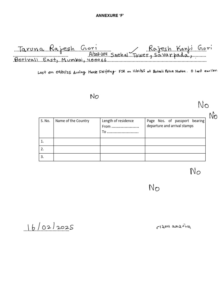Annexure F: Lost/Damaged Passport Affidavit | PDF