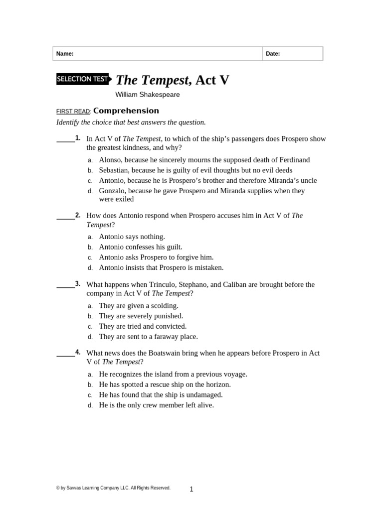Lit17 Ev g10 U5 Awc ST Sha5 Test | PDF | The Tempest | Shakespearean ...