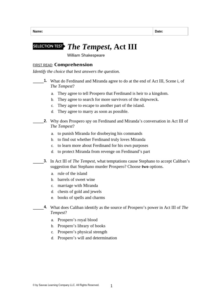 Lit17 Ev g10 U5 Awc ST Sha3 Test | PDF | The Tempest | Shakespearean ...