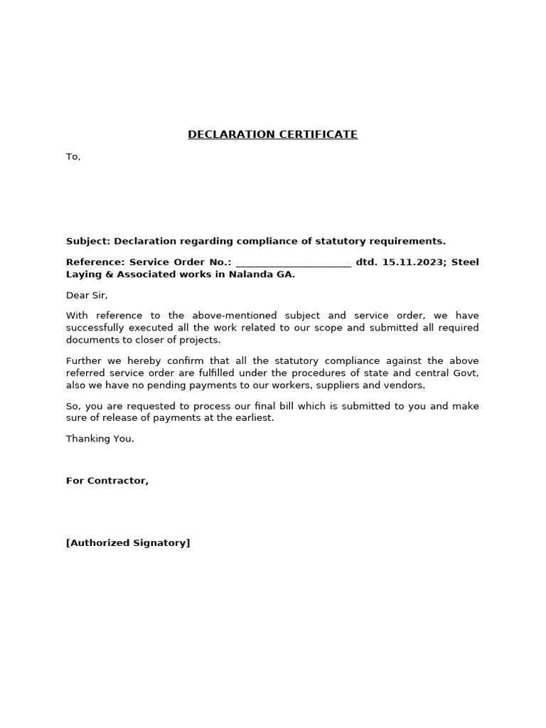 Compliance Declaration for Steel Works | PDF