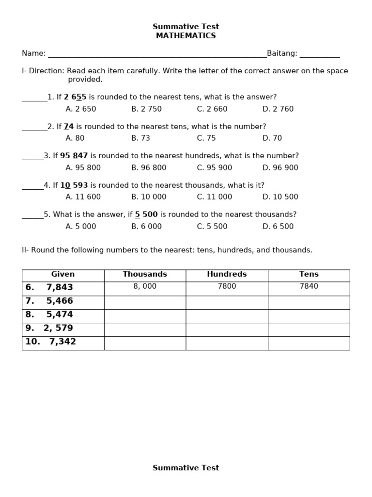 Summative Test For Grade 3 | PDF
