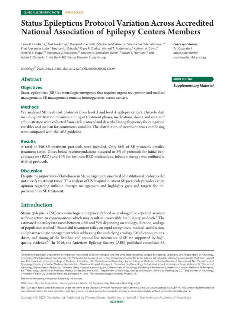 ACC - Lamberta Et Al 2025 Status Epilepticus Protocol Variation Across ...