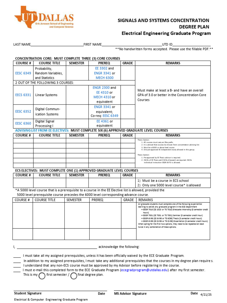 05-6 MS EE Signals & Systems Degree Plan | PDF | Course Credit | Thesis