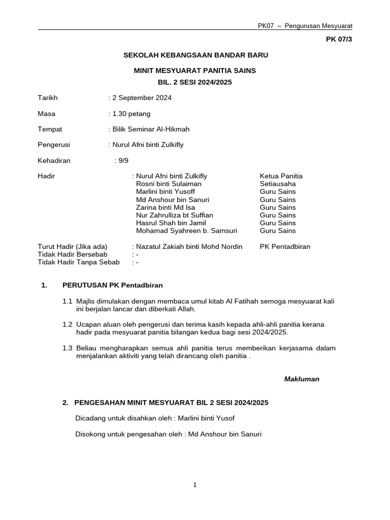 2024 Mesy Panitia Sains Bil 2 (Minit Mesy) | PDF